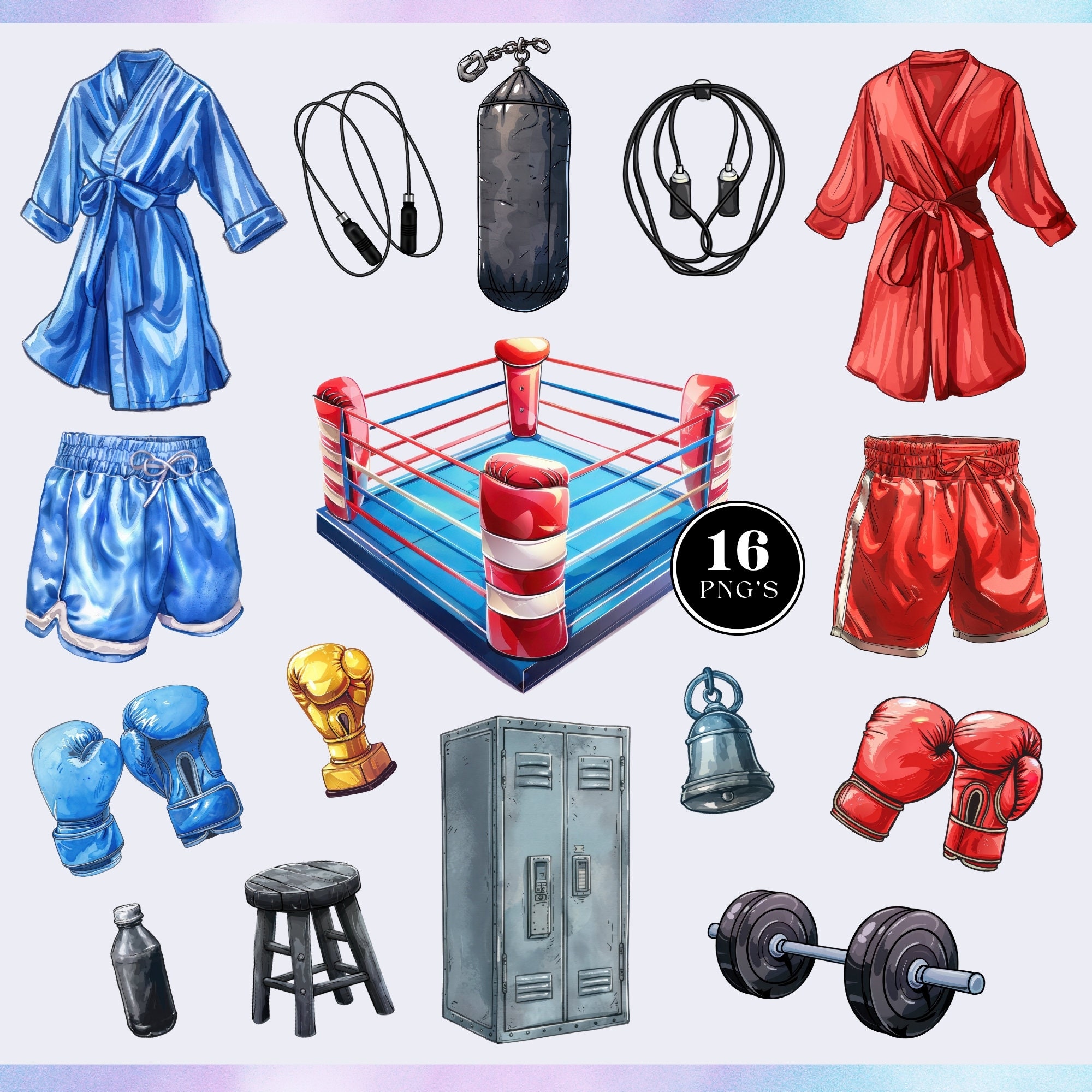 Boxing PNG Clipart Pack, Fighting Sports Outfits, Gloves & Punching Bag ...