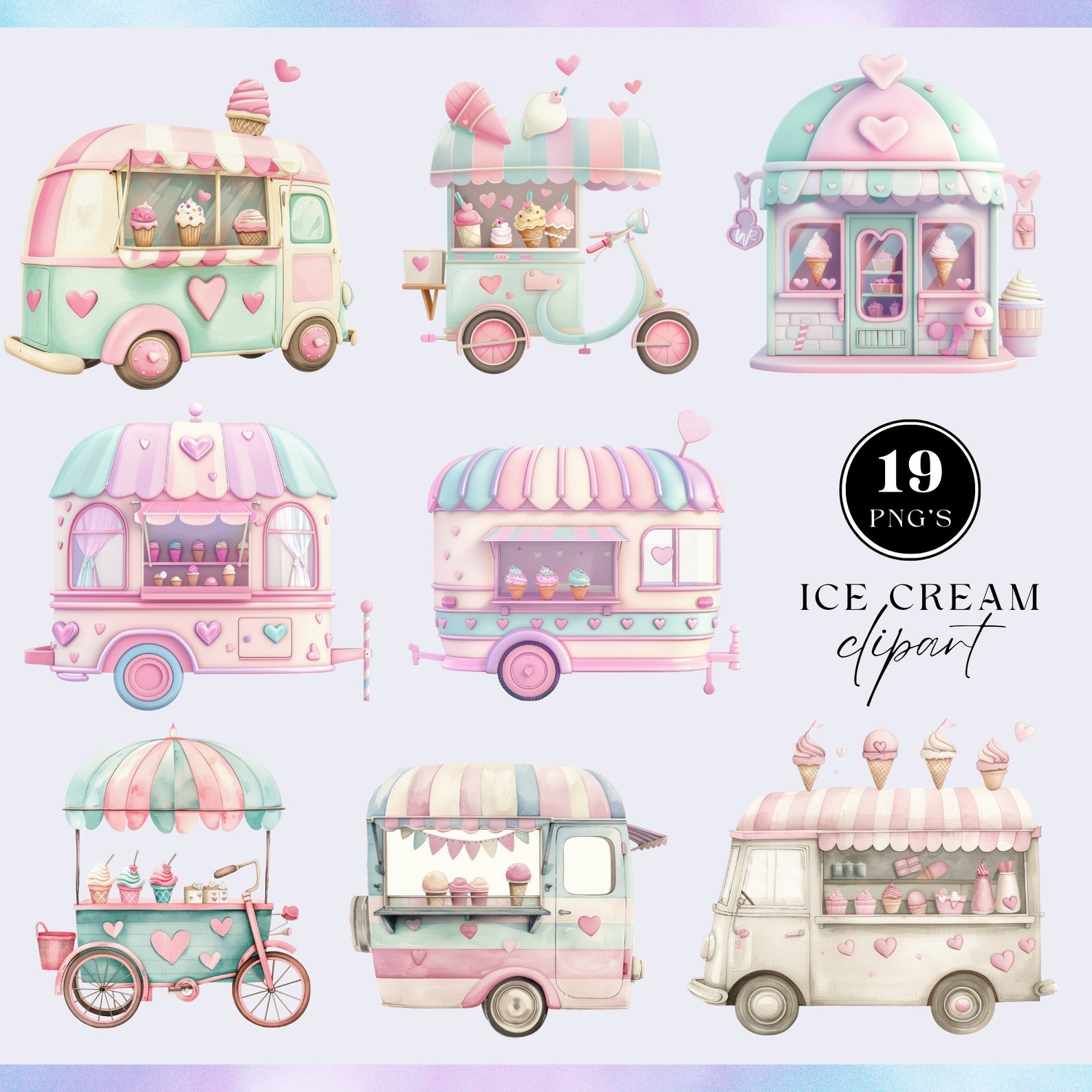 Ice Cream Cart Clipart Bundle, Pastel Fair Food Sweet Treats, Ice Cream ...