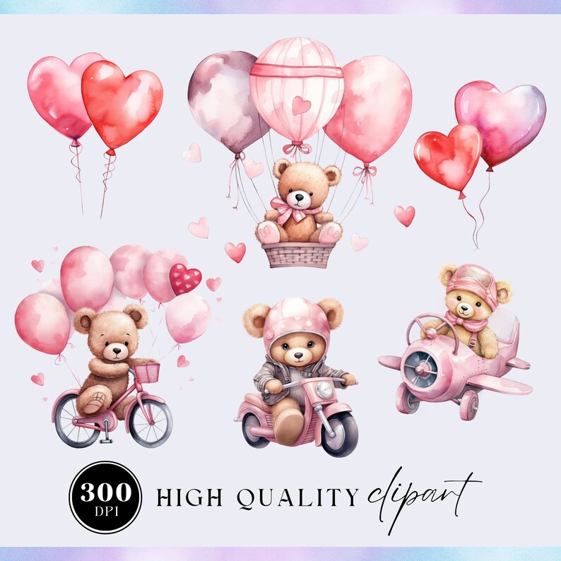 Pink Teddy Bear Clipart With Heart Balloons, Valentines Day Love Theme ...