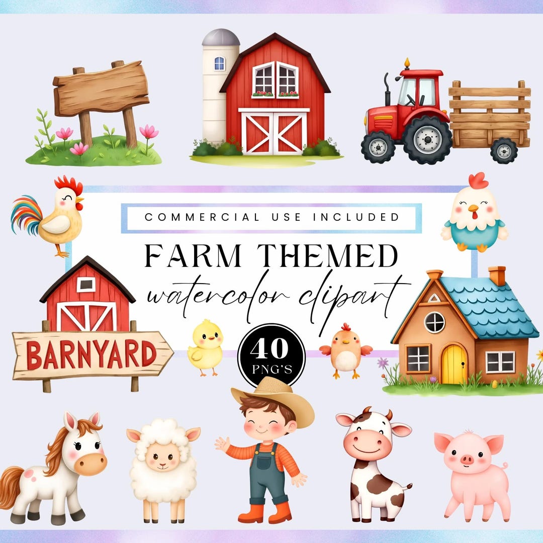 Farm Animals Watercolor Art, Cute Farm Theme Clipart for Kids, Barnyard ...