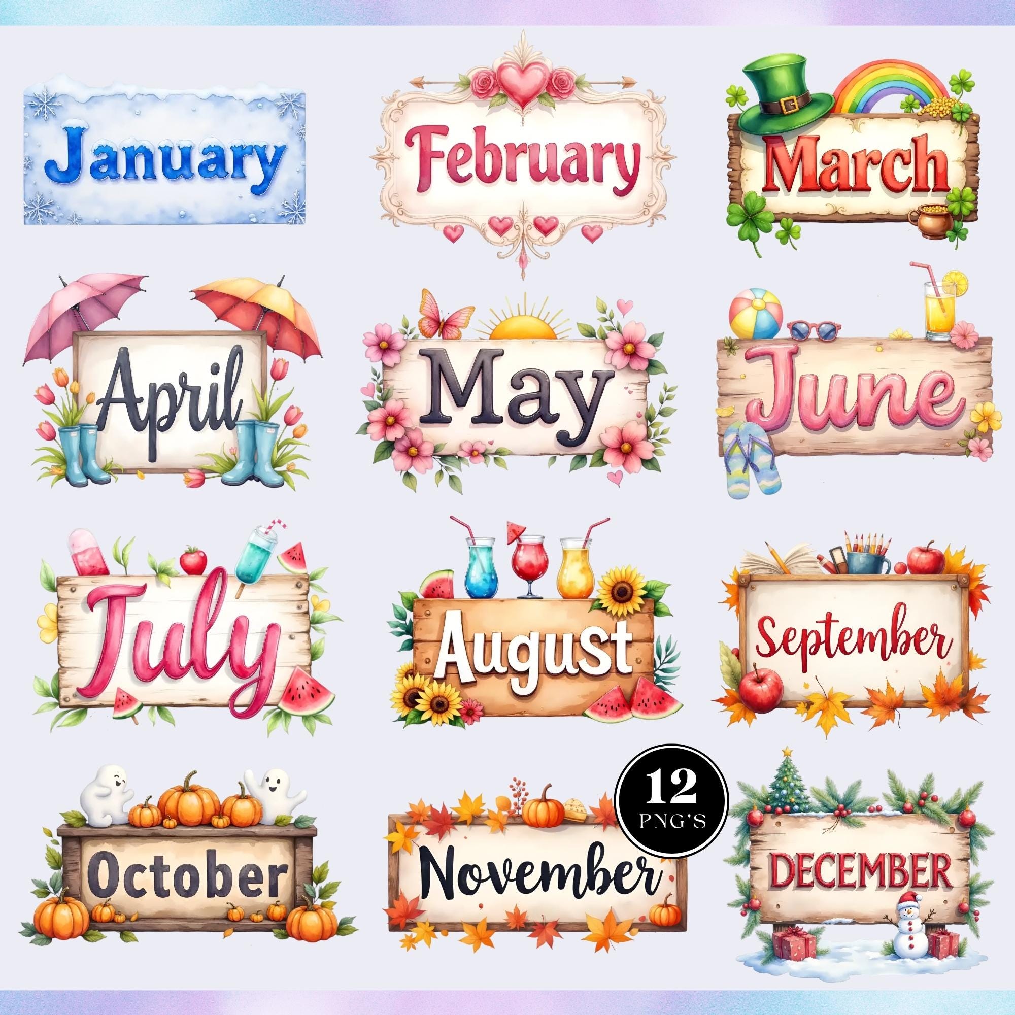 Months of the Year Watercolor Clipart, 12 Months Clipart Bundle ...