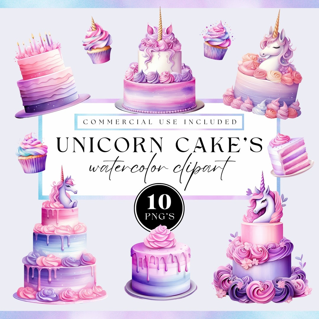 Unicorn Cake Clipart, 10 Watercolor Png's Clip Art for Girls Birthday ...