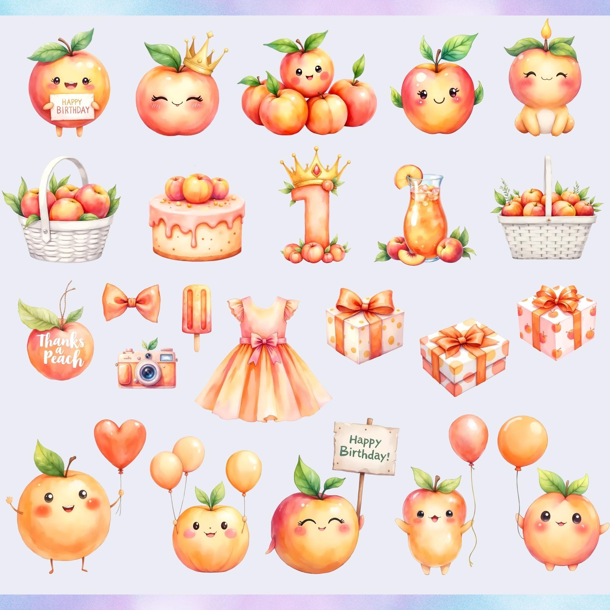 Peach Birthday Clipart Bundle, Cute Fruit PNG, Peaches Clip Art, First ...
