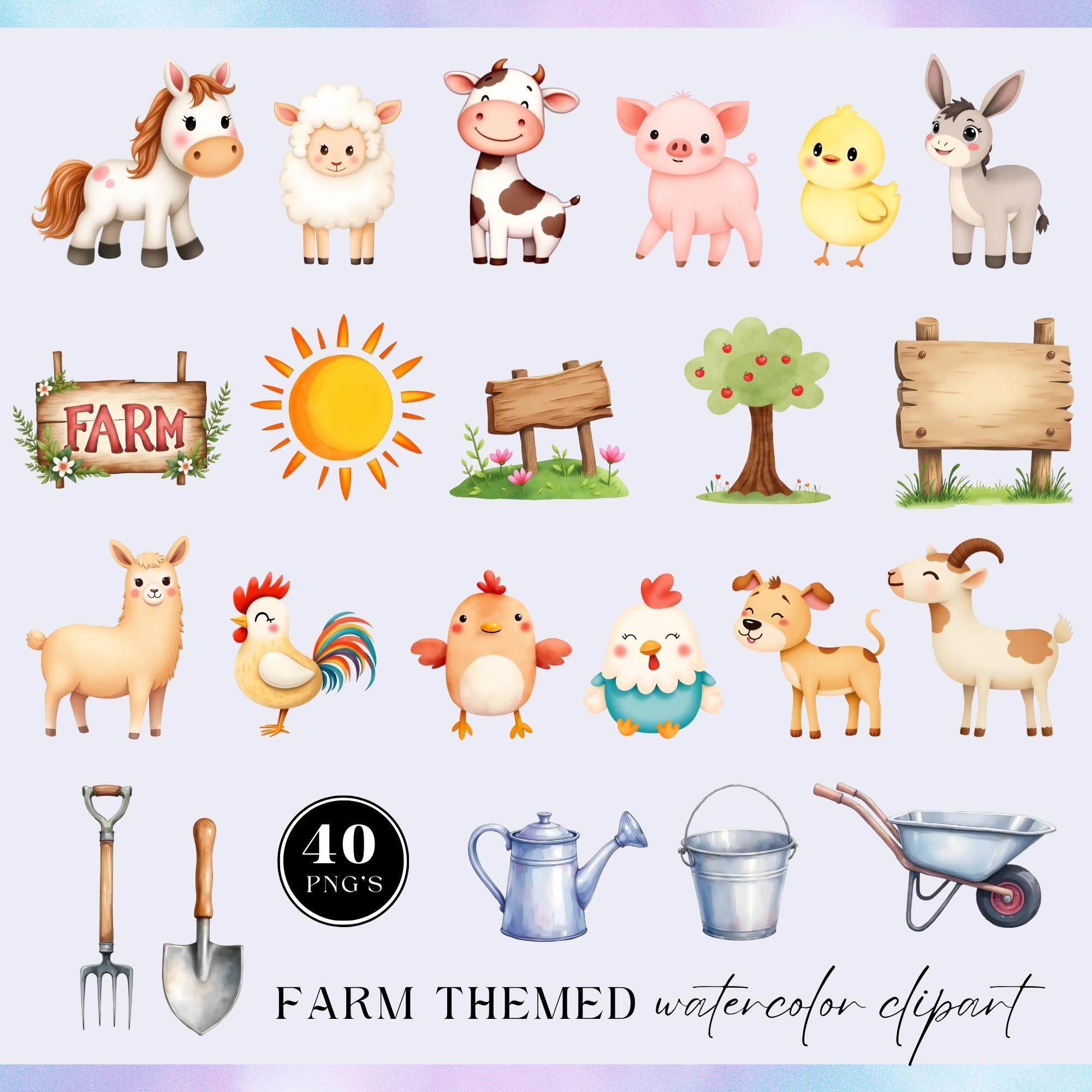 Farm Animals Watercolor Art, Cute Farm Theme Clipart for Kids, Barnyard ...