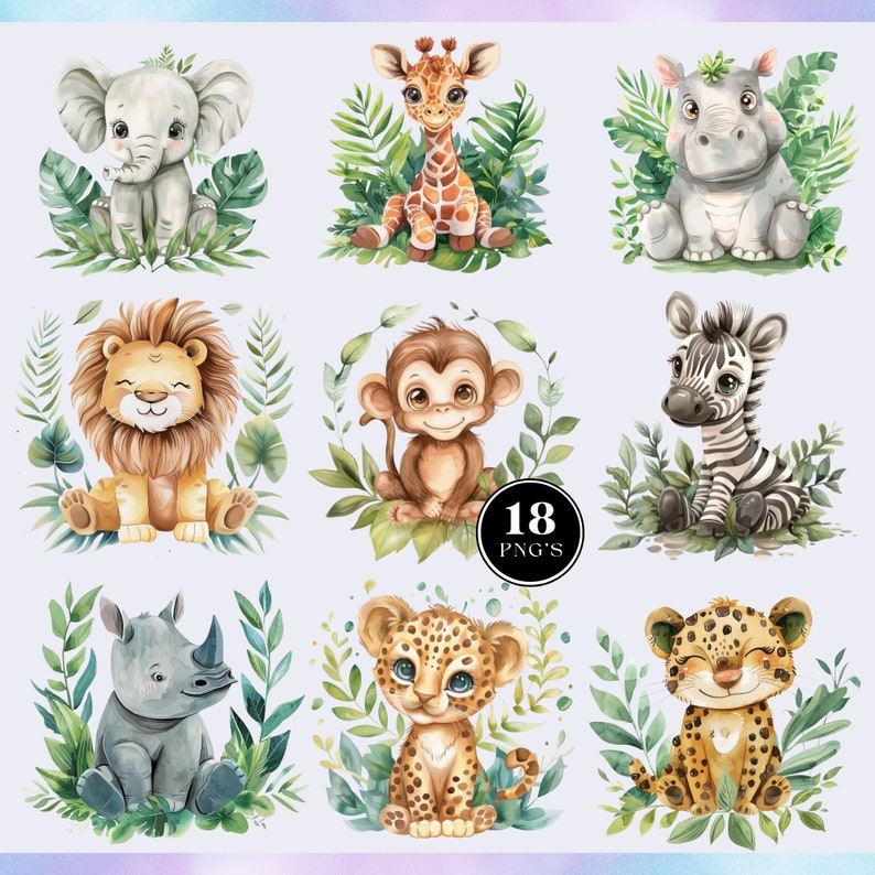 Safari Animal PNG Clipart, Watercolor Safari Theme With Greenery Clip ...