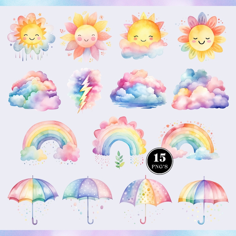 Boho Rainbow Clouds PNG, Pastel Watercolor Weather Themed Clipart, Cute ...