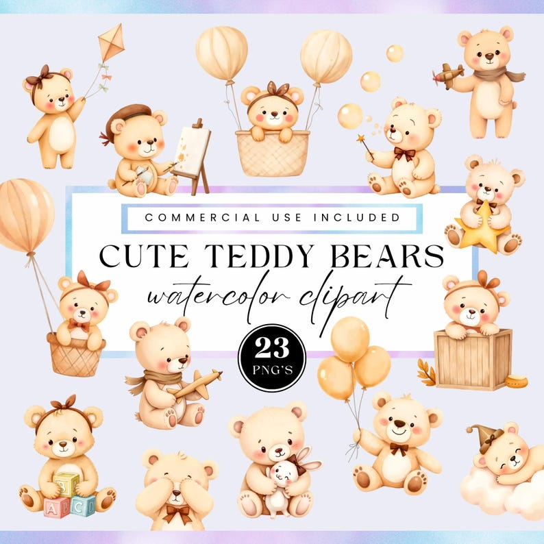 Cute Bear Clipart Bundle, Watercolor Plush Bear Illustrations, Nursery ...