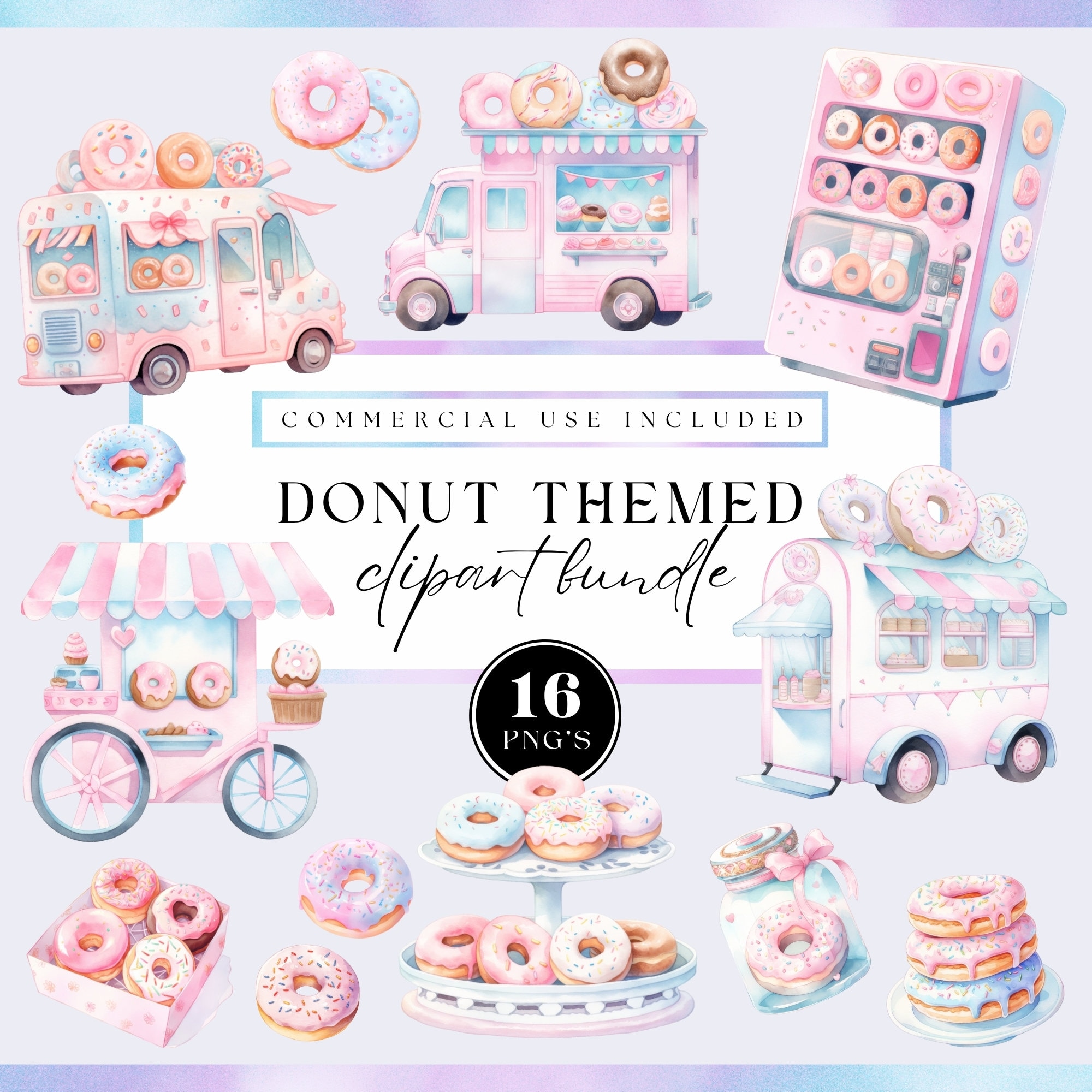 Donut Themed Clipart Bundle, Watercolor Sweet Treats Clip Art, Pink ...