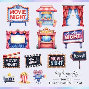 Movie Clipart, Watercolor Cinema Pngs, Popcorn Film Reel Ticket Clip ...