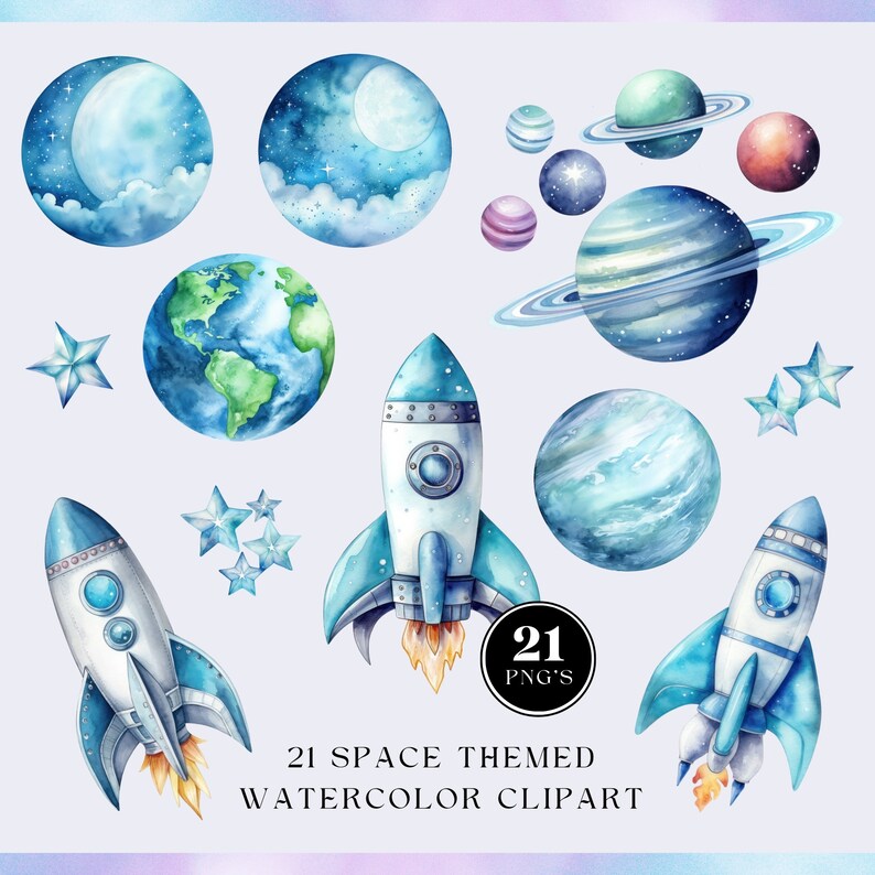 Watercolor Cute Space Clipart, Rocket Ship Clip Art, Solar System Theme ...