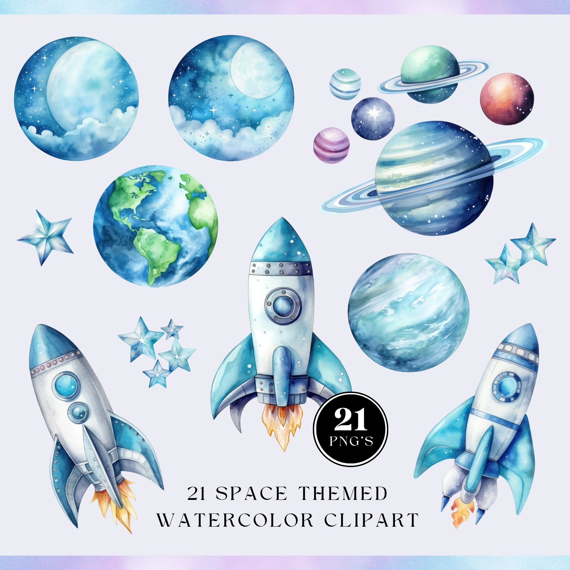 Watercolor Cute Space Clipart, Rocket Ship Clip Art, Solar System Theme ...