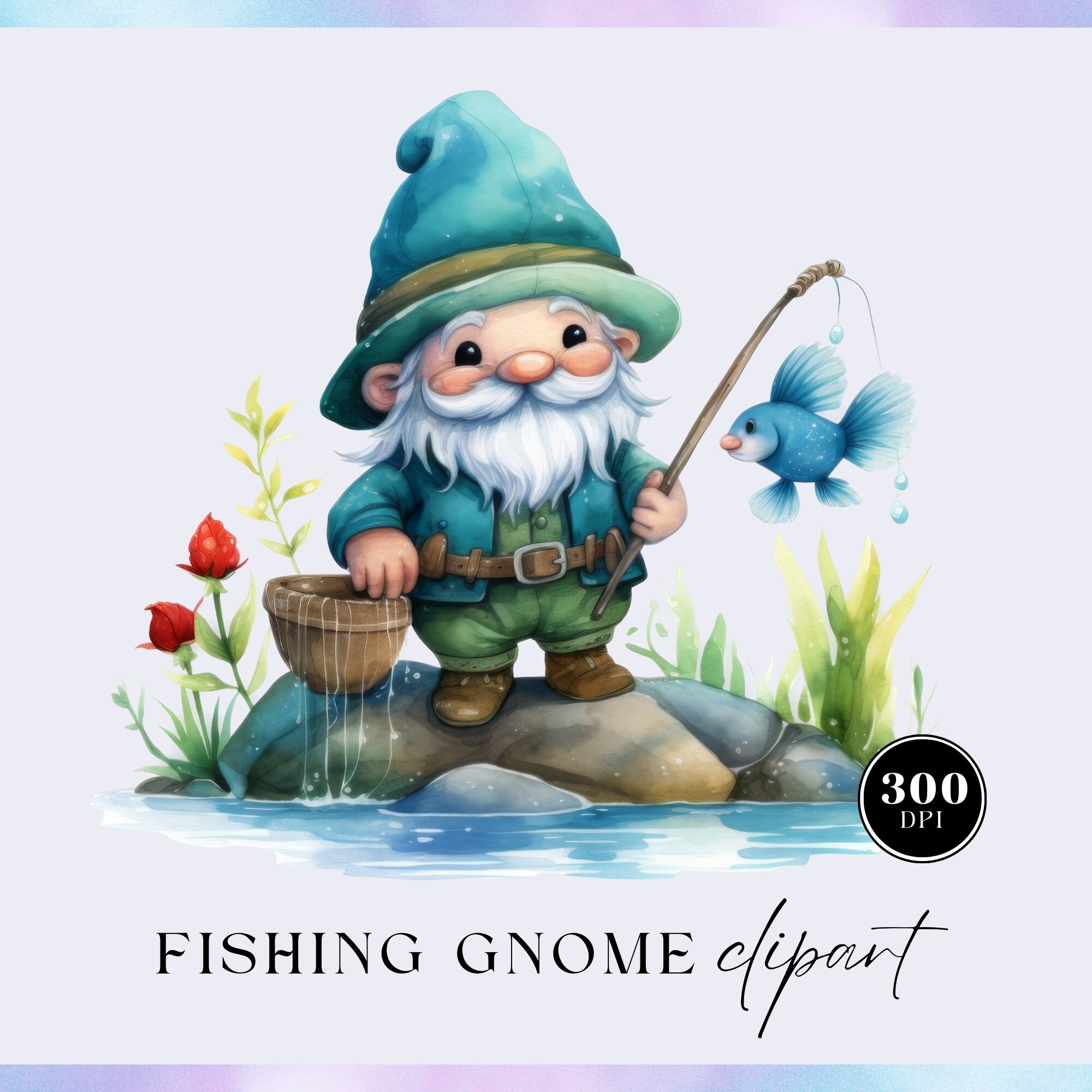 Watercolor Fishing Gnome Clipart, One Single Image, Cute Garden Gnome ...