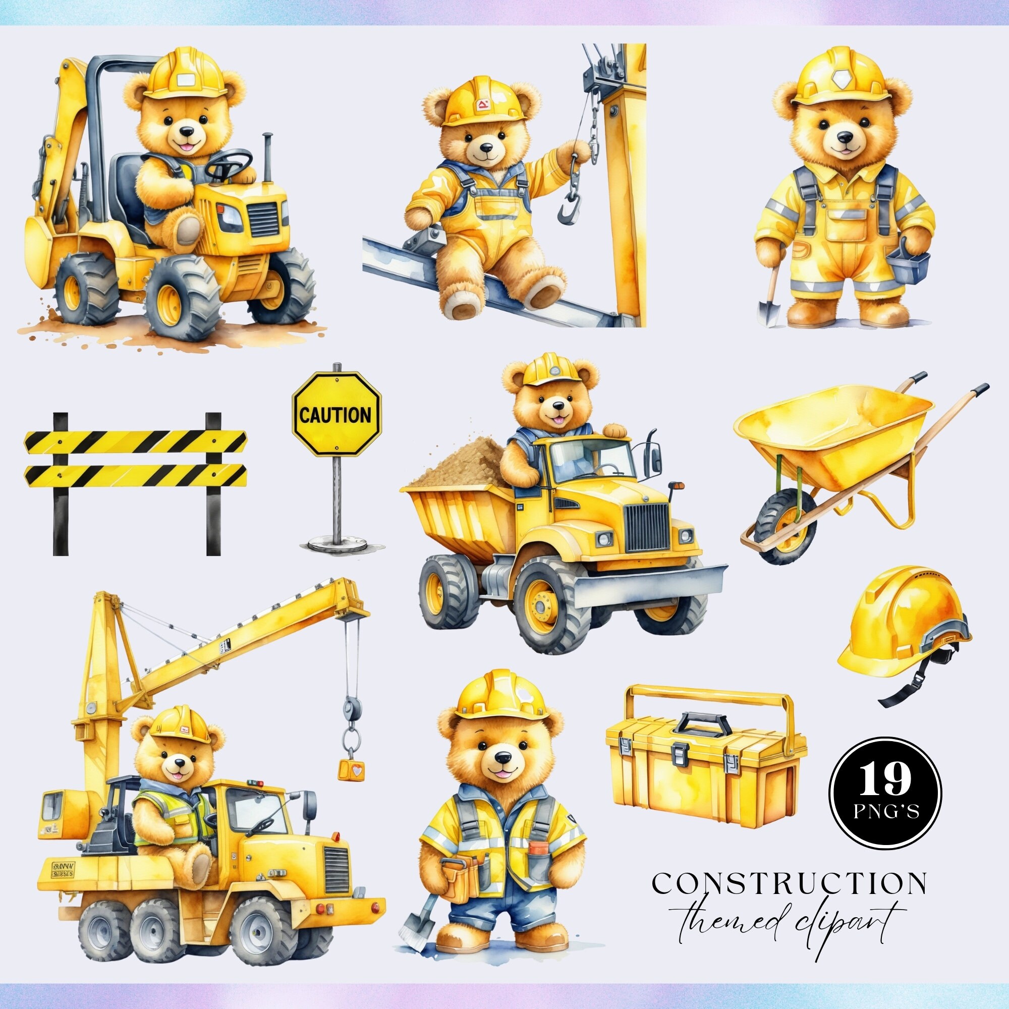 Construction Party Crew Clipart, Watercolor Vehicles and Teddy Bears ...
