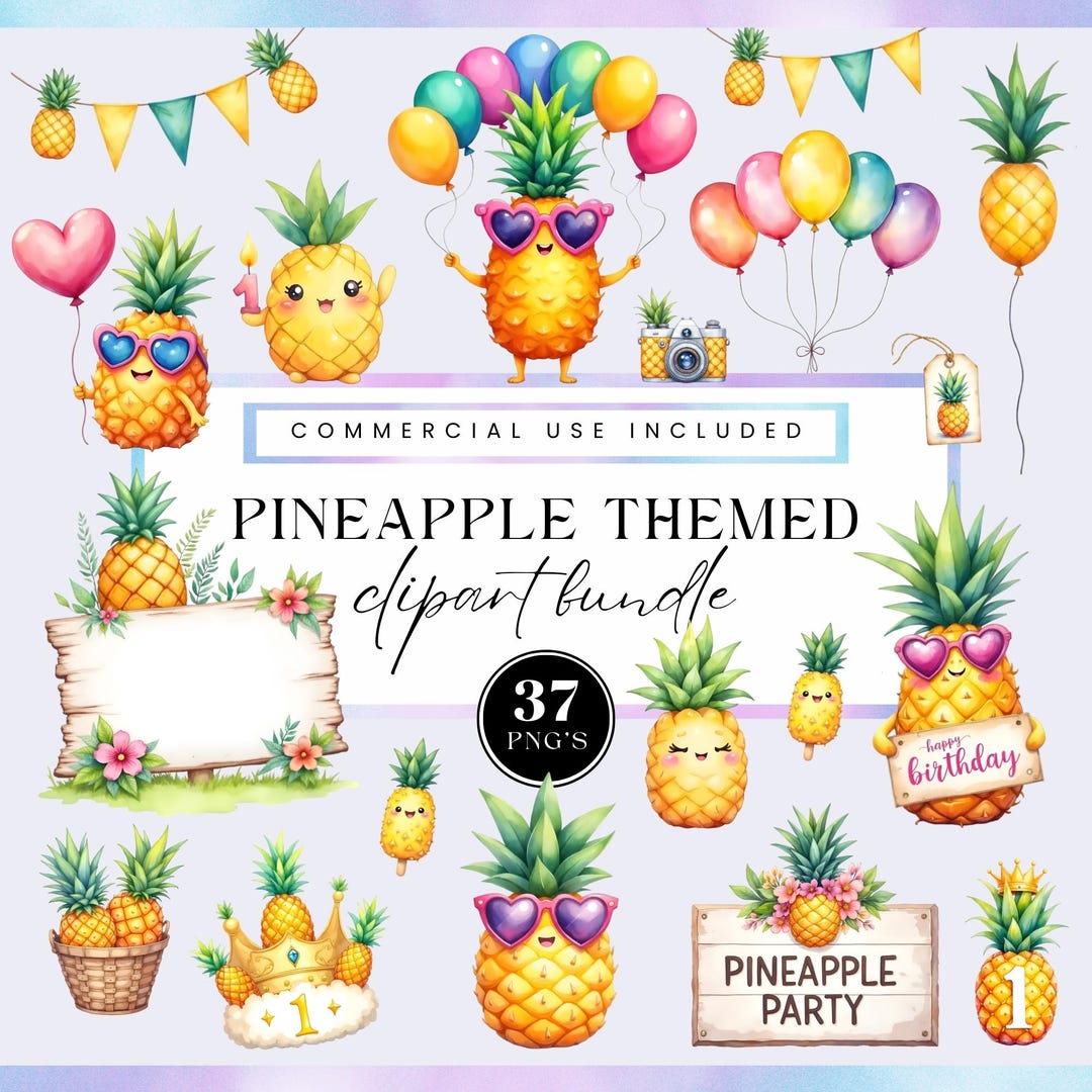Watercolor Pineapple Clipart, Cute Pineapple Clip Art Bundle ...