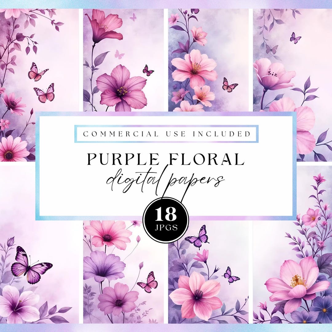 Purple Pink Floral Digital Papers, Watercolor Backgrounds, Pastel ...