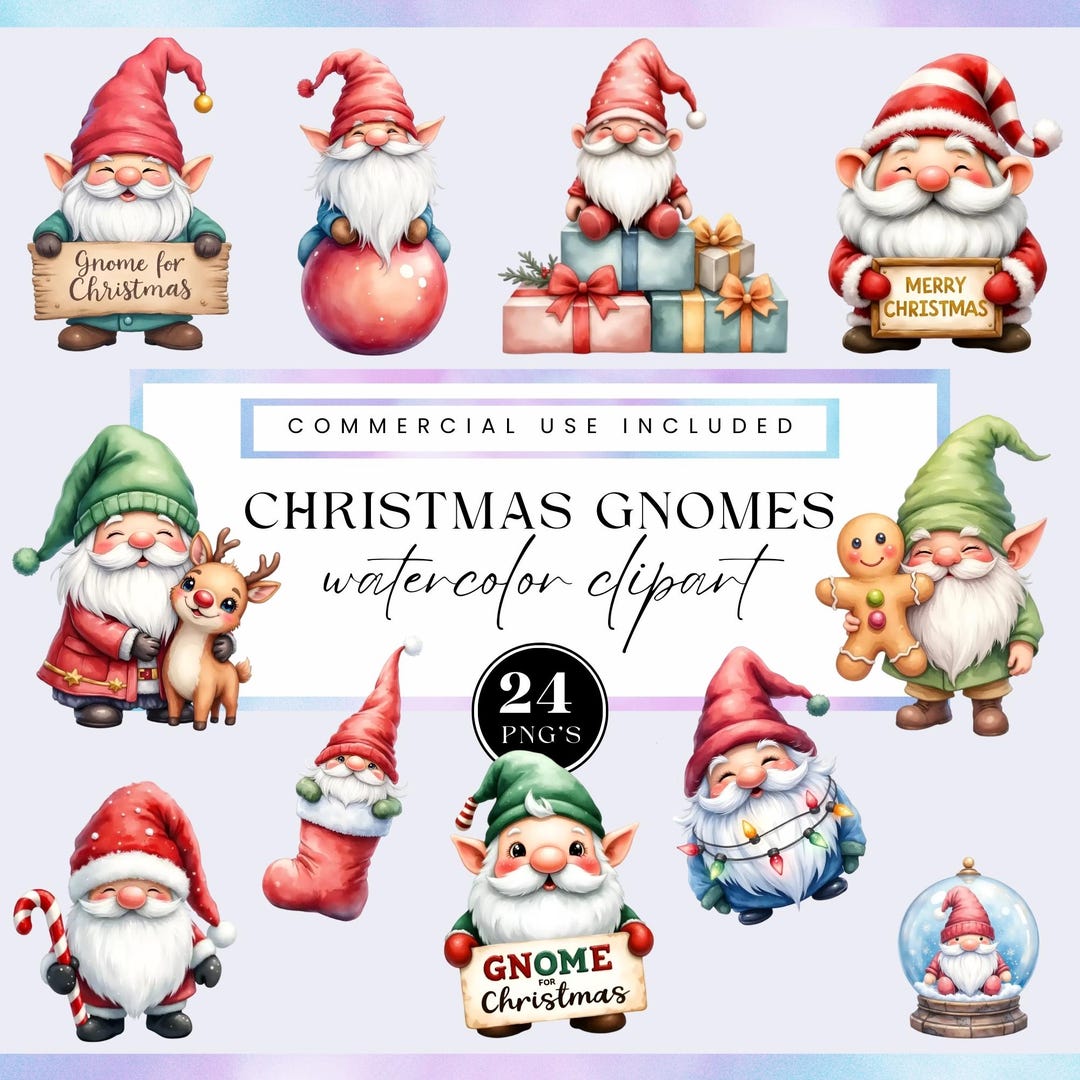 Gnome Christmas Clipart, Watercolor Clipart Bundle, Cute Gnome ...