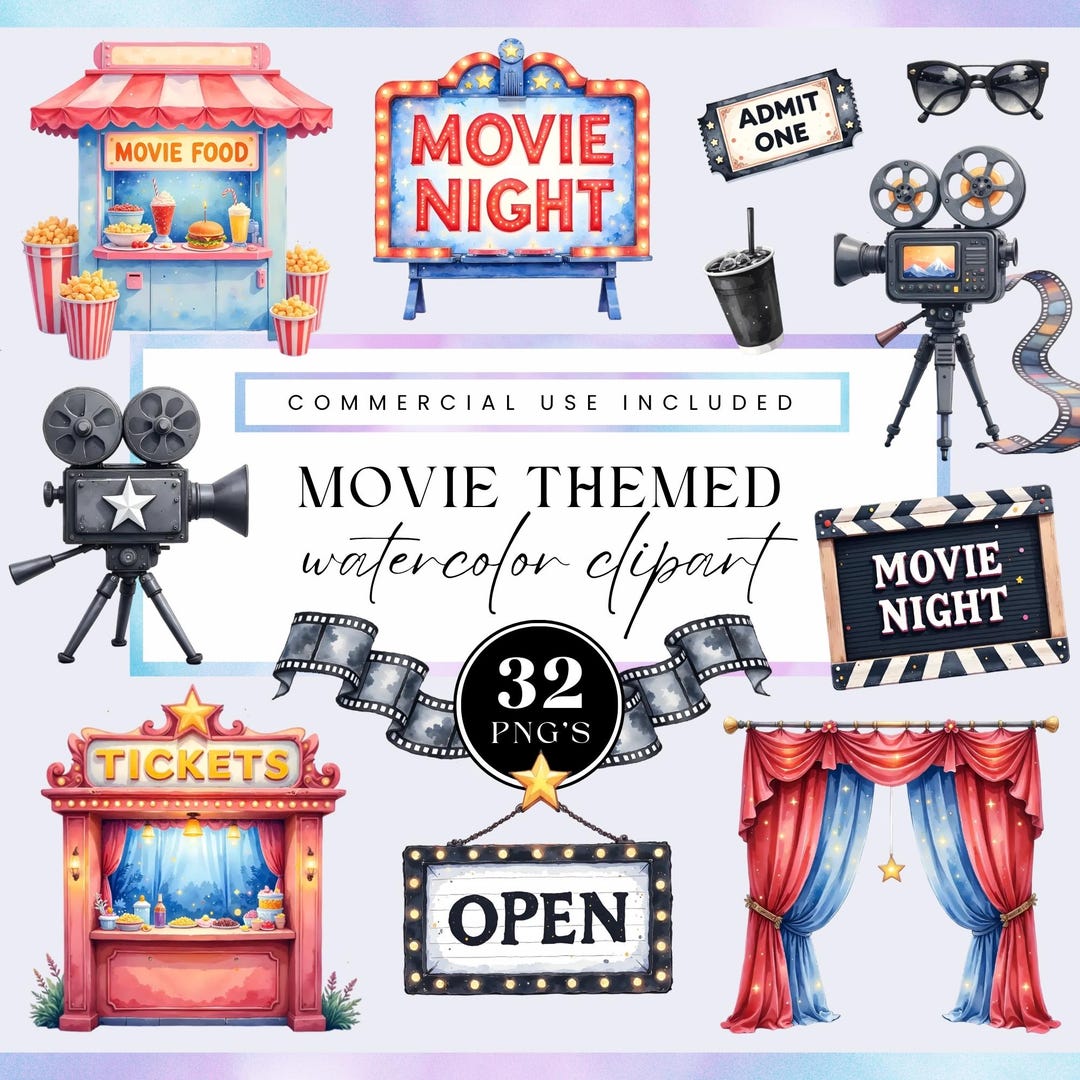 Movie Clipart, Watercolor Cinema Pngs, Popcorn Film Reel Ticket Clip ...