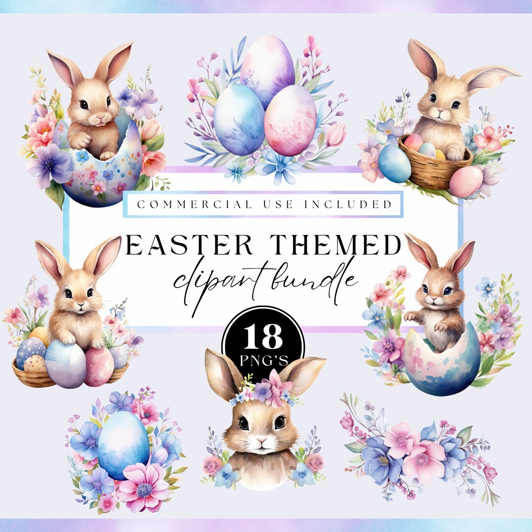Cute Easter Bunny Clipart, Watercolor Bunnies With Florals, Commercial ...