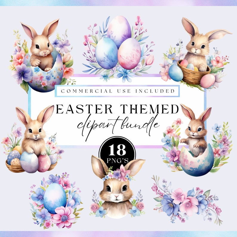 Cute Easter Bunny Clipart, Watercolor Bunnies With Florals, Commercial ...