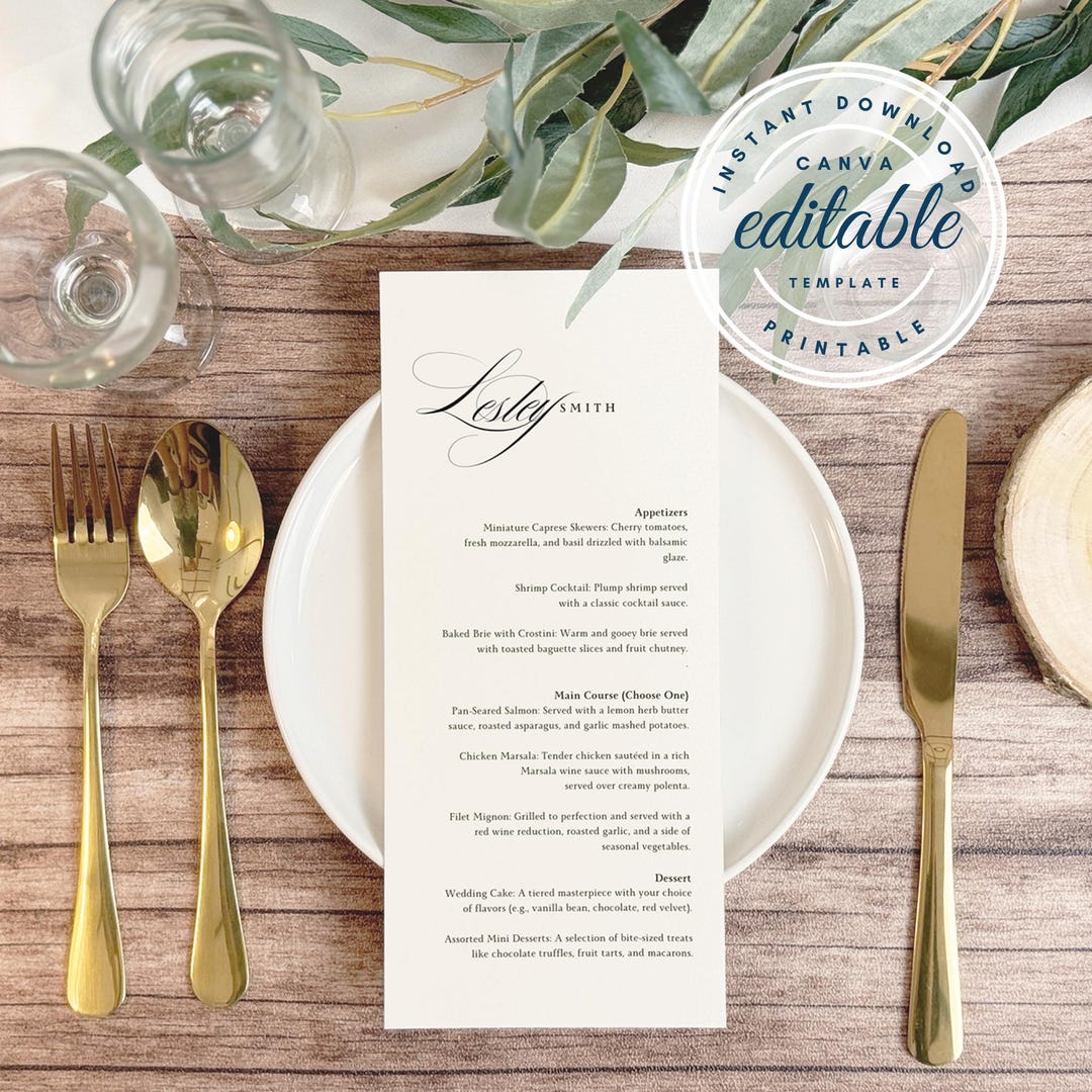 CELEST Minimalist Elegant Wedding Guest Name Editable Menu Template ...