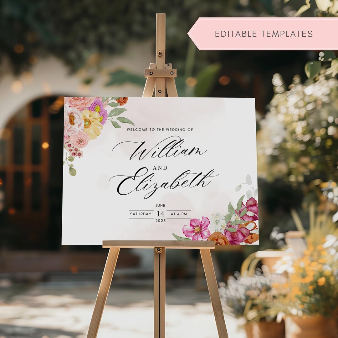 FLORA - Spring Watercolor Floral Large Wedding Welcome Sign, Editable ...