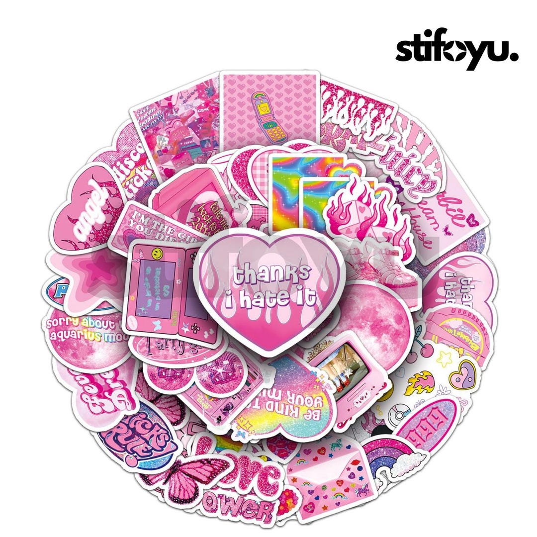 Pink Y2K Teen Girl Bling Sticker Set 50 Pieces Glitter, 2000s Retro ...