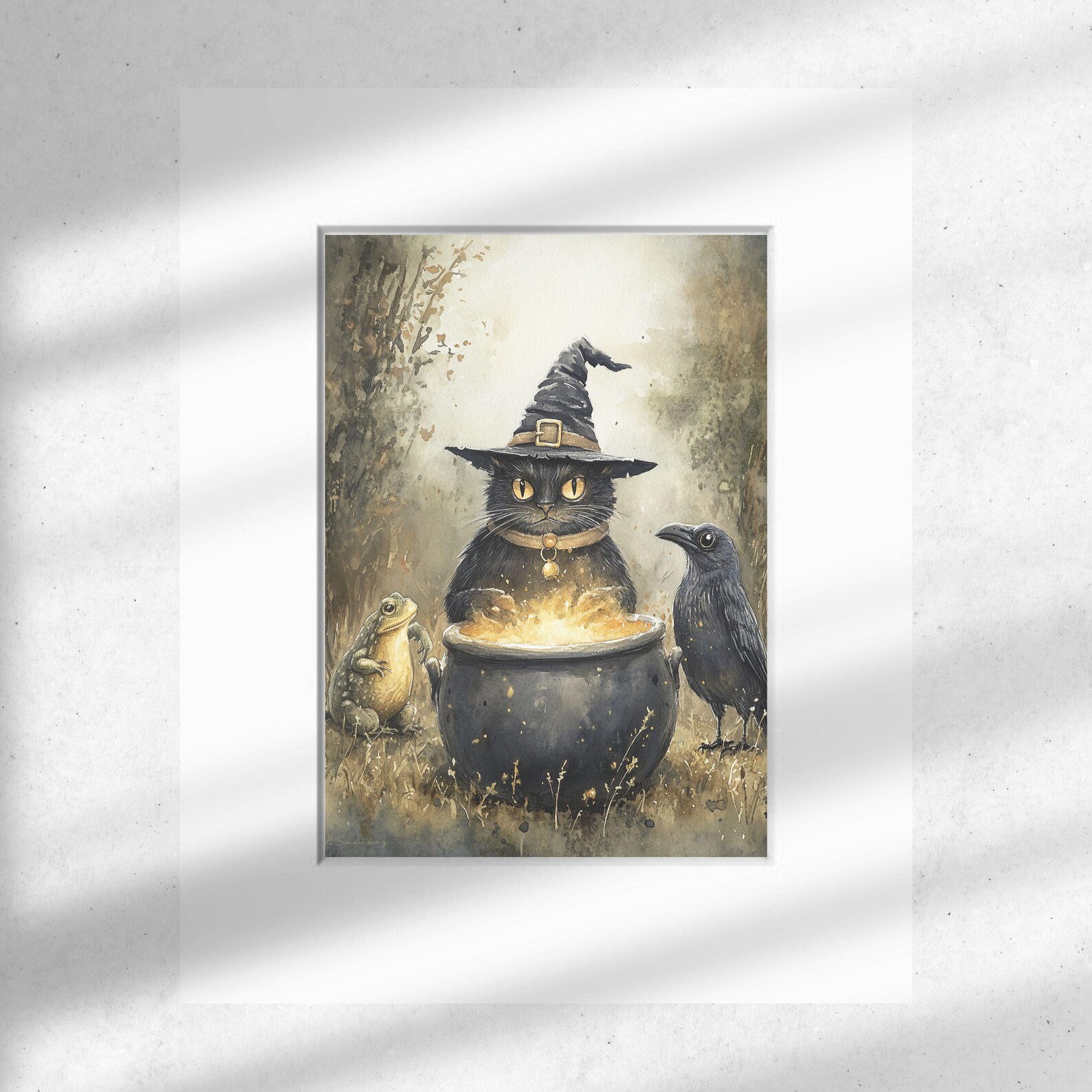Familiars at the Cauldron, Witchy Cat With Raven & Toad, Magical Spell ...