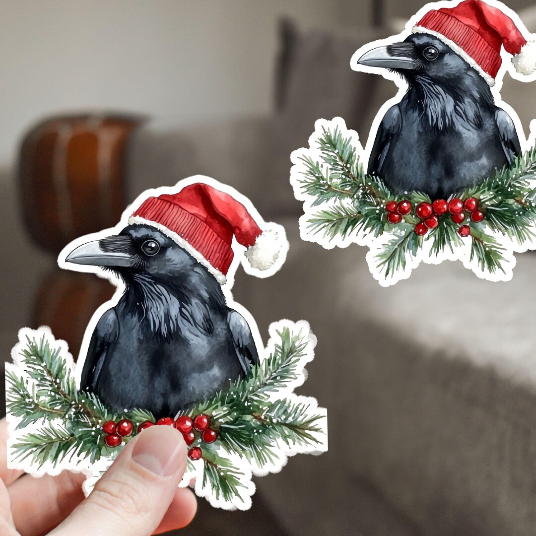 Watercolor Holiday Raven Vinyl Sticker, Festive Gothic Bird Decor ...