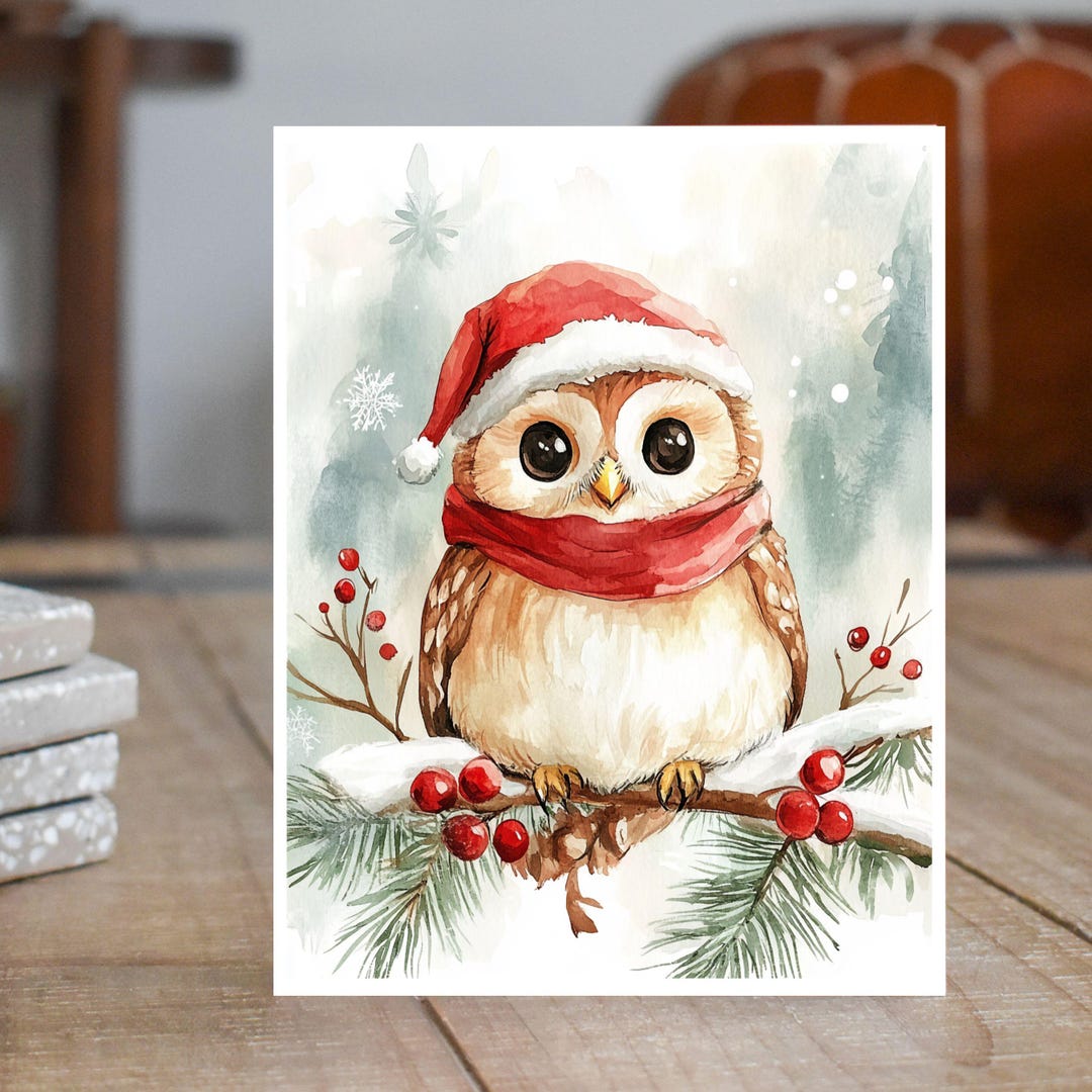 Watercolor Christmas Owl Card, Adorable Holiday Greeting, Festive Owl ...