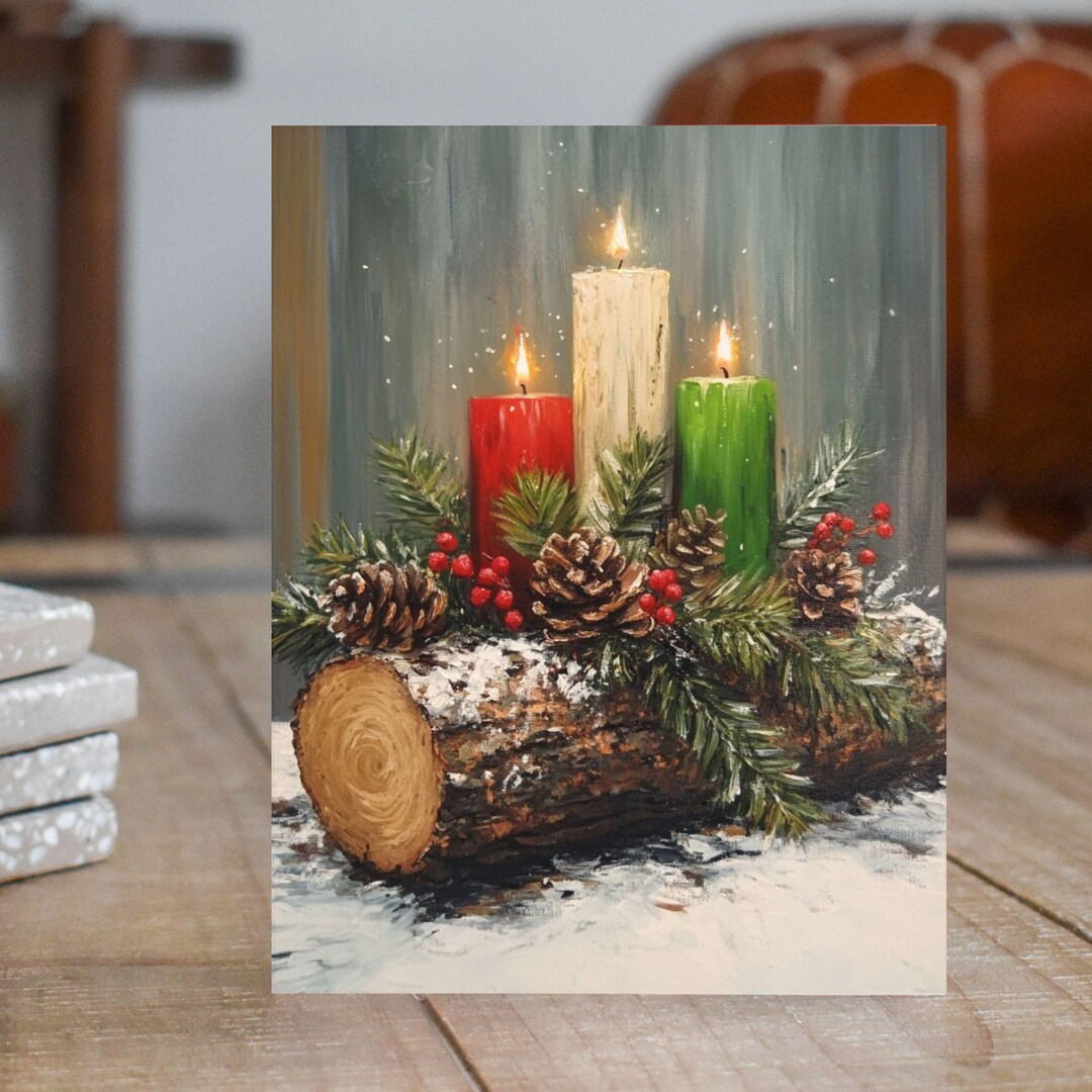 Yule Log Holiday Card, Acrylic Winter Candles Art, Pinecone and Holly ...