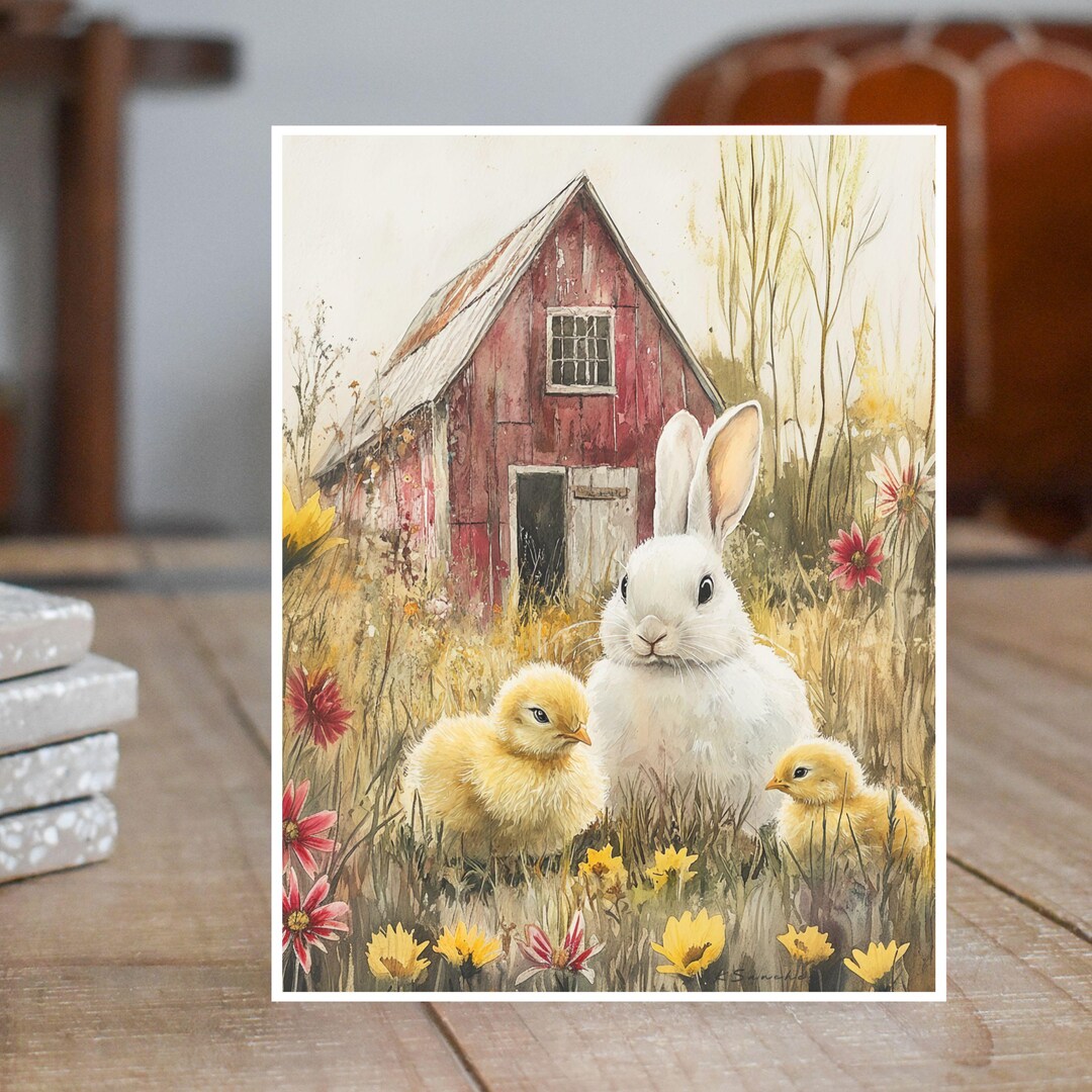 Sweet Beginnings – Barnyard Bunny and Chicks Watercolor Handmade Note ...