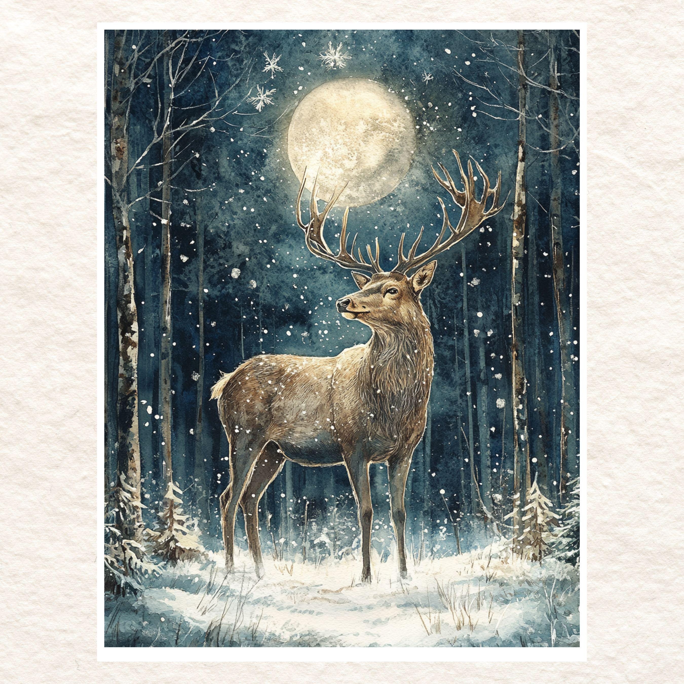 Moonlit Winter Stag Watercolor Handmade Note, Greeting, All Occasion ...
