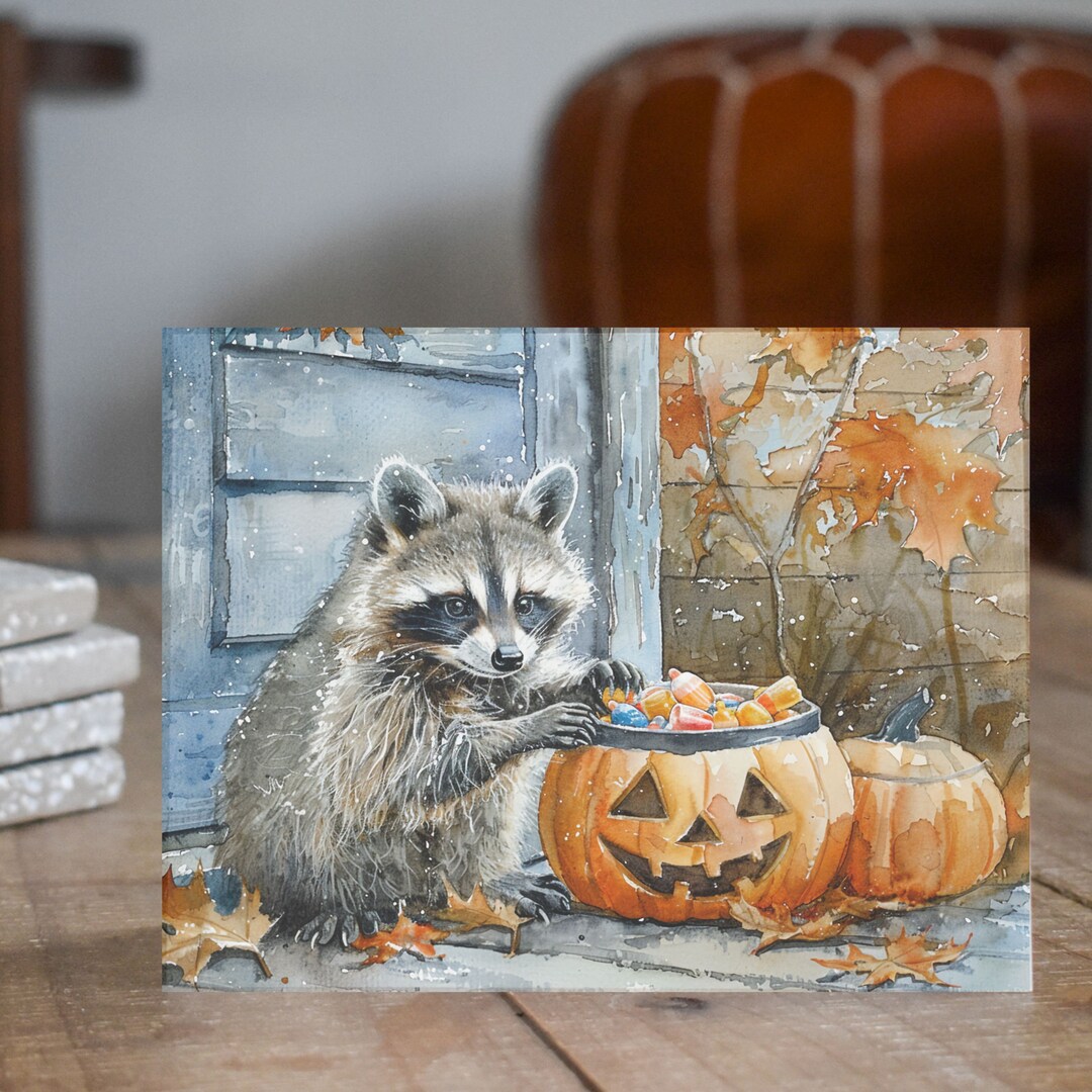 Raccoon With Halloween Candy in Pumpkin, Halloween Greeting Card, Note ...