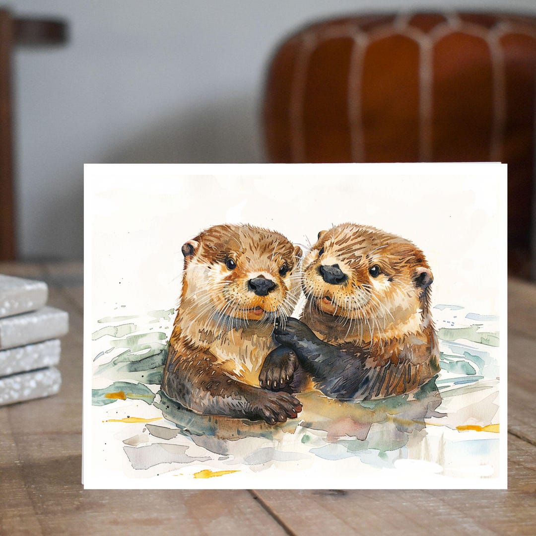 Otter Couple Love Card, Cute Animal Watercolor, Anniversary, Romantic ...