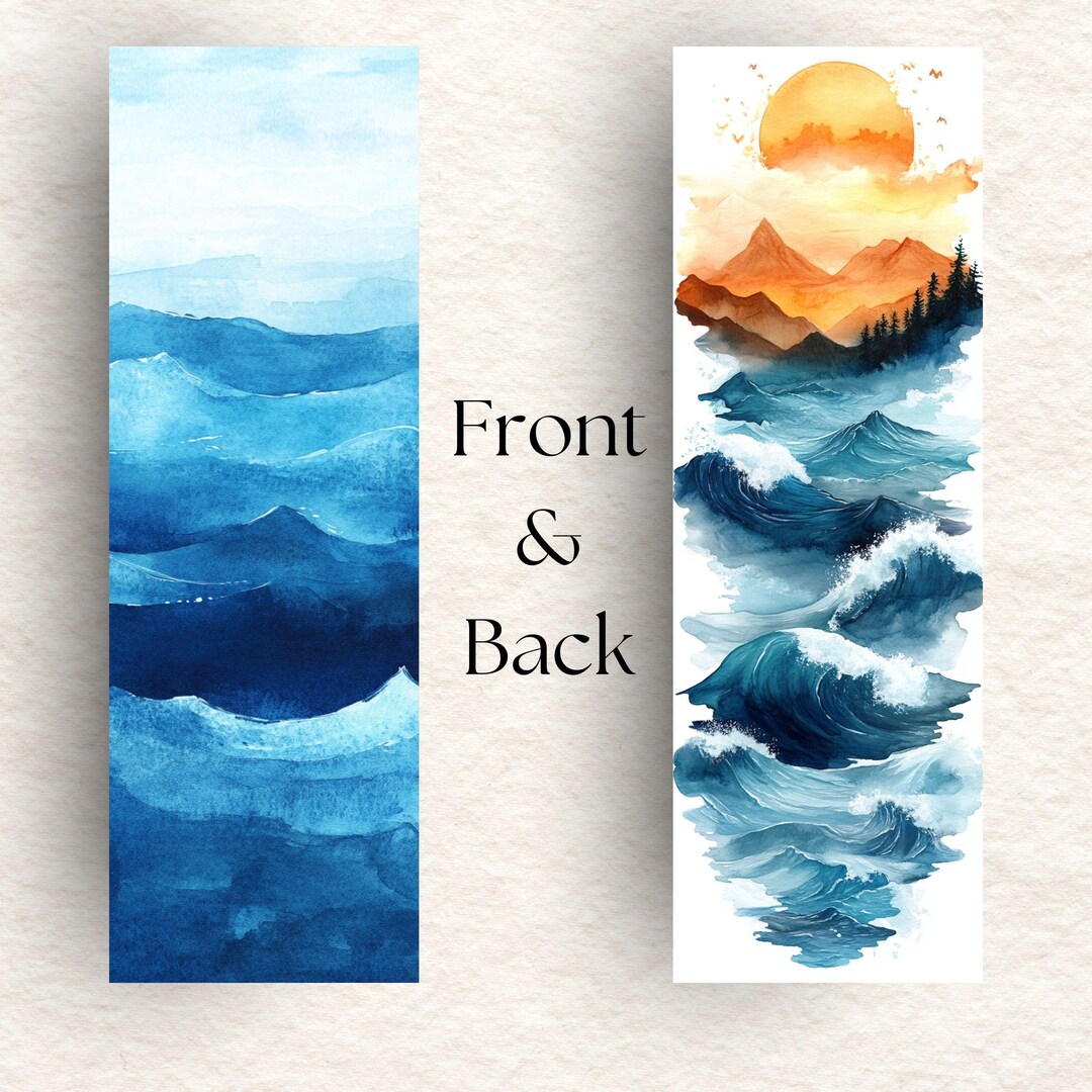 Fiery Sunrise and Tumultuous Waves Bookmark, Coastal Watercolor, Ocean ...