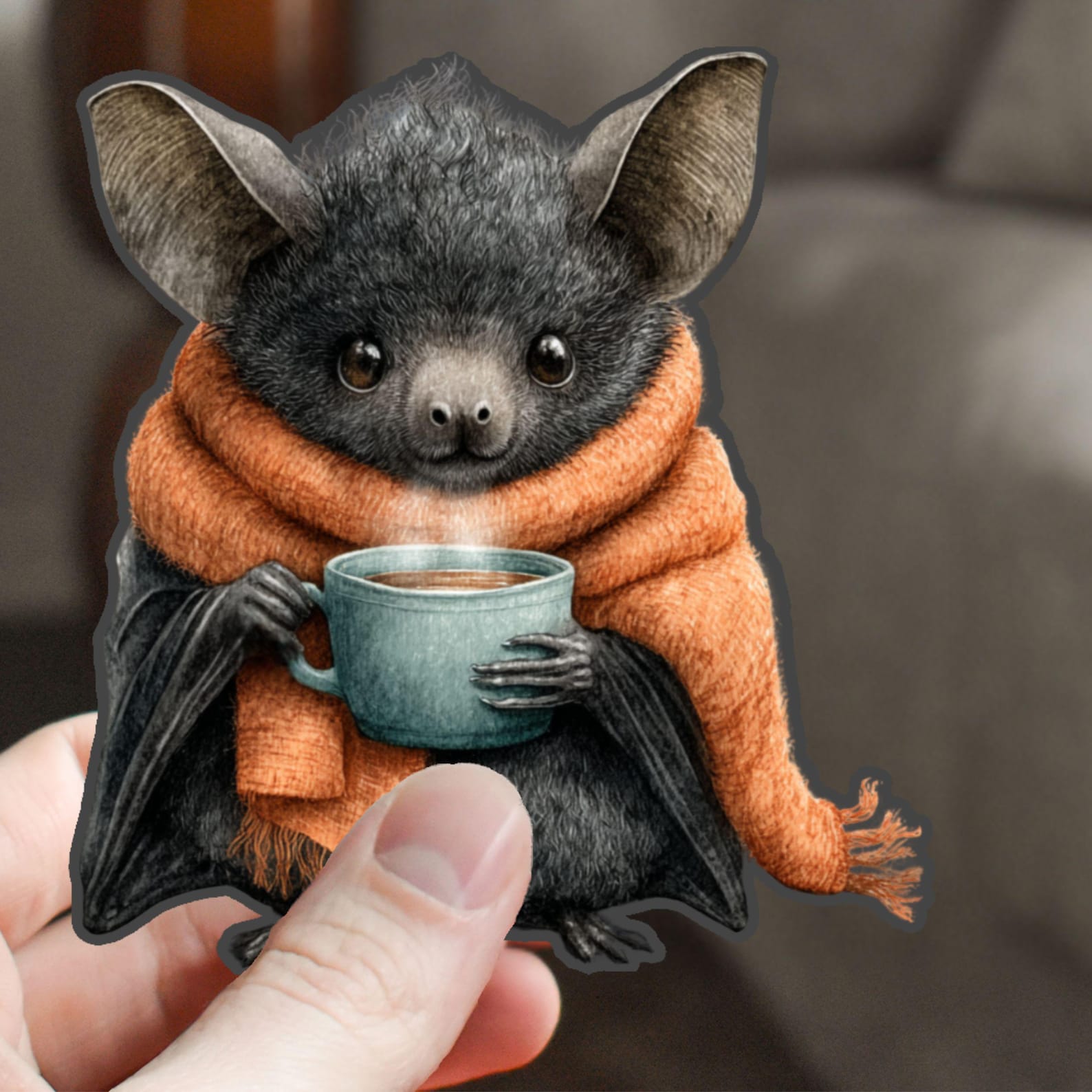 Cozy Bat Holding Coffee, Cute Animal Illustration, Orange Scarf Bat Art ...