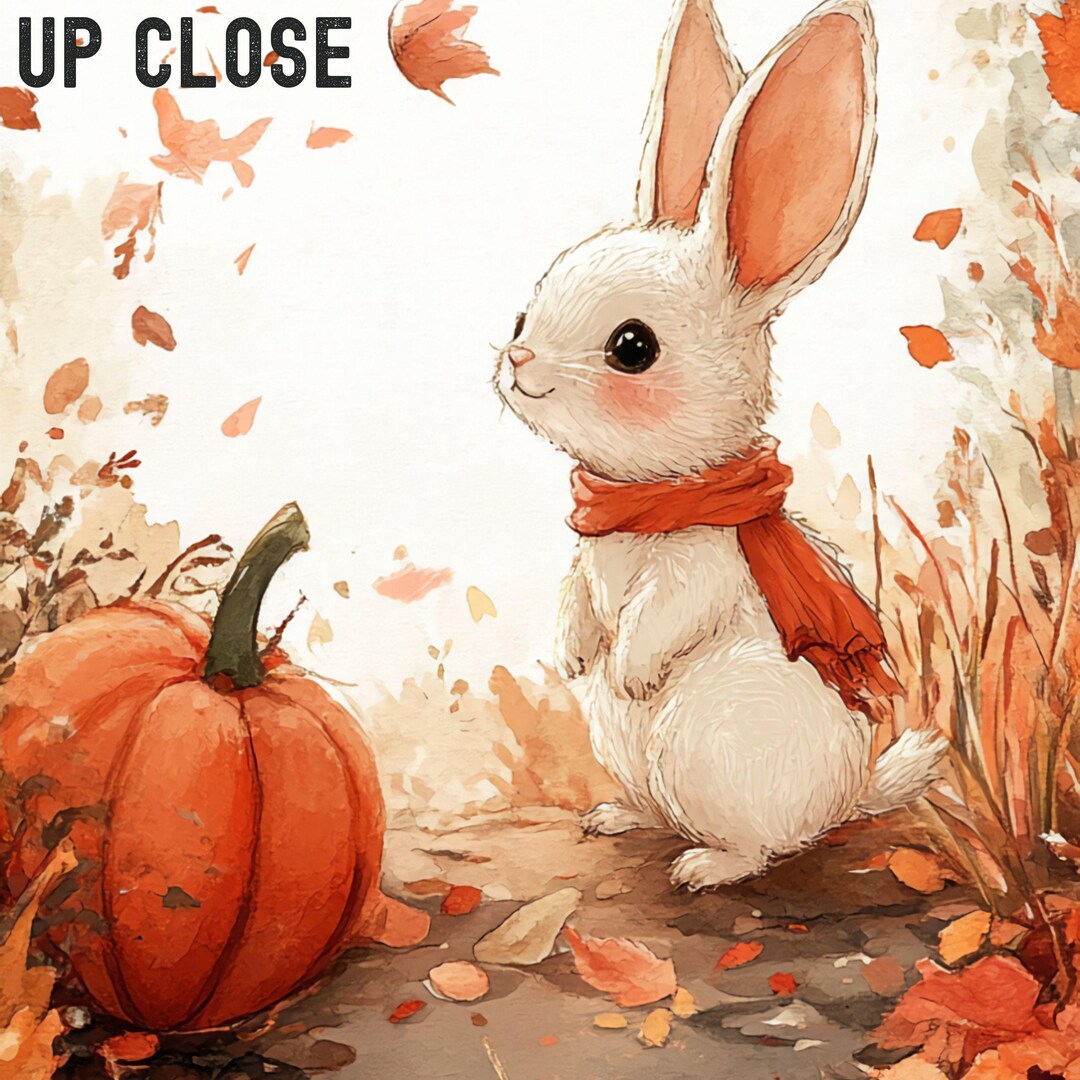 Adorable Fall Bunny With Pumpkin, Autumn Leaves, Cozy Scarf, Whimsical ...