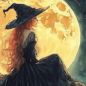Full Moon Witch in Dark Forest Watercolor Art Print Halloween Decor ...