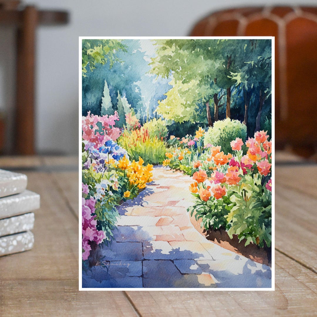 The Secret Path – A Blooming Garden Watercolor Greeting Card, Note Card ...