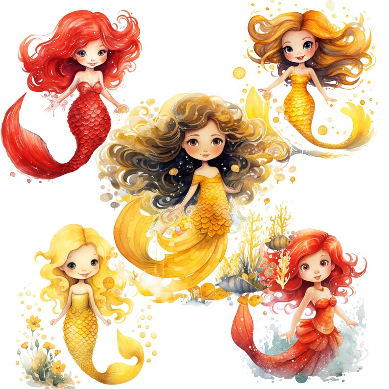 Mermaid Clipart Bundle Watercolor Cute 300 DPI PNG Sea Life Instant ...
