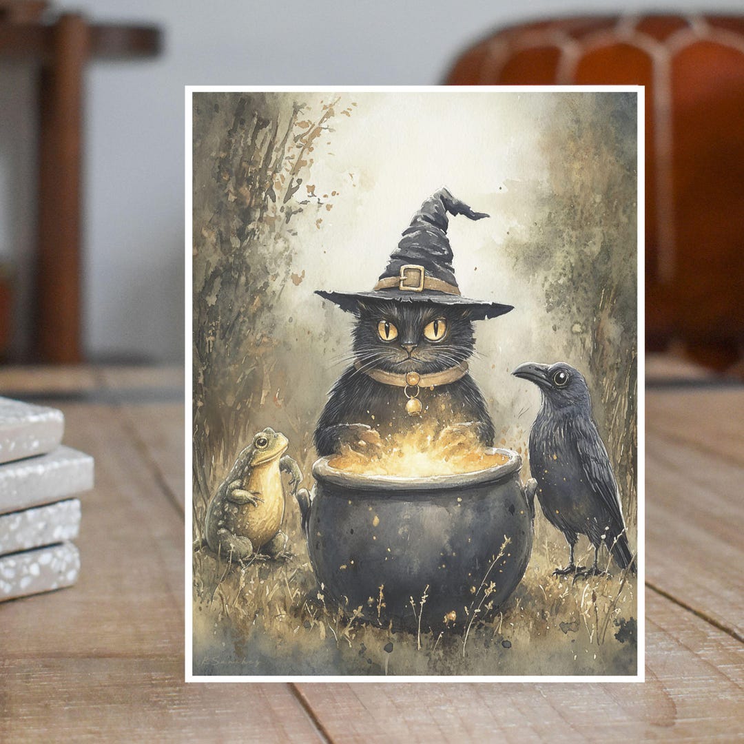 Familiars at the Cauldron, Witchy Cat With Raven & Toad, Magical Art ...
