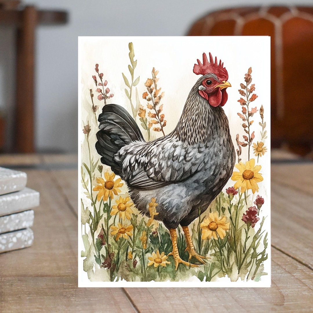Rustic Farmyard Rooster Chicken Card, Watercolor Farm Animal Art ...