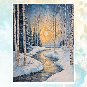Moonlit Snowy Stream Watercolor Forest Art Print Watercolor Original ...
