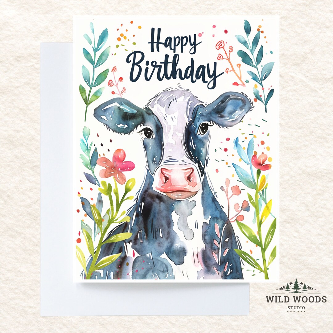 Happy Birthday Cow Card, Playful Farm Animal Greeting, Watercolor Cow ...