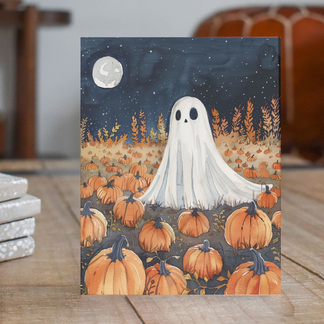 Watercolor Ghost in Pumpkin Field, Autumn Greeting, Handmade Card, Note ...