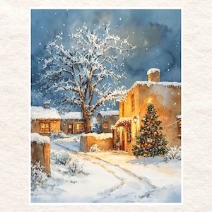 Santa Fe Christmas Eve Card, Southwest Holiday Art Print, Festive Adobe ...