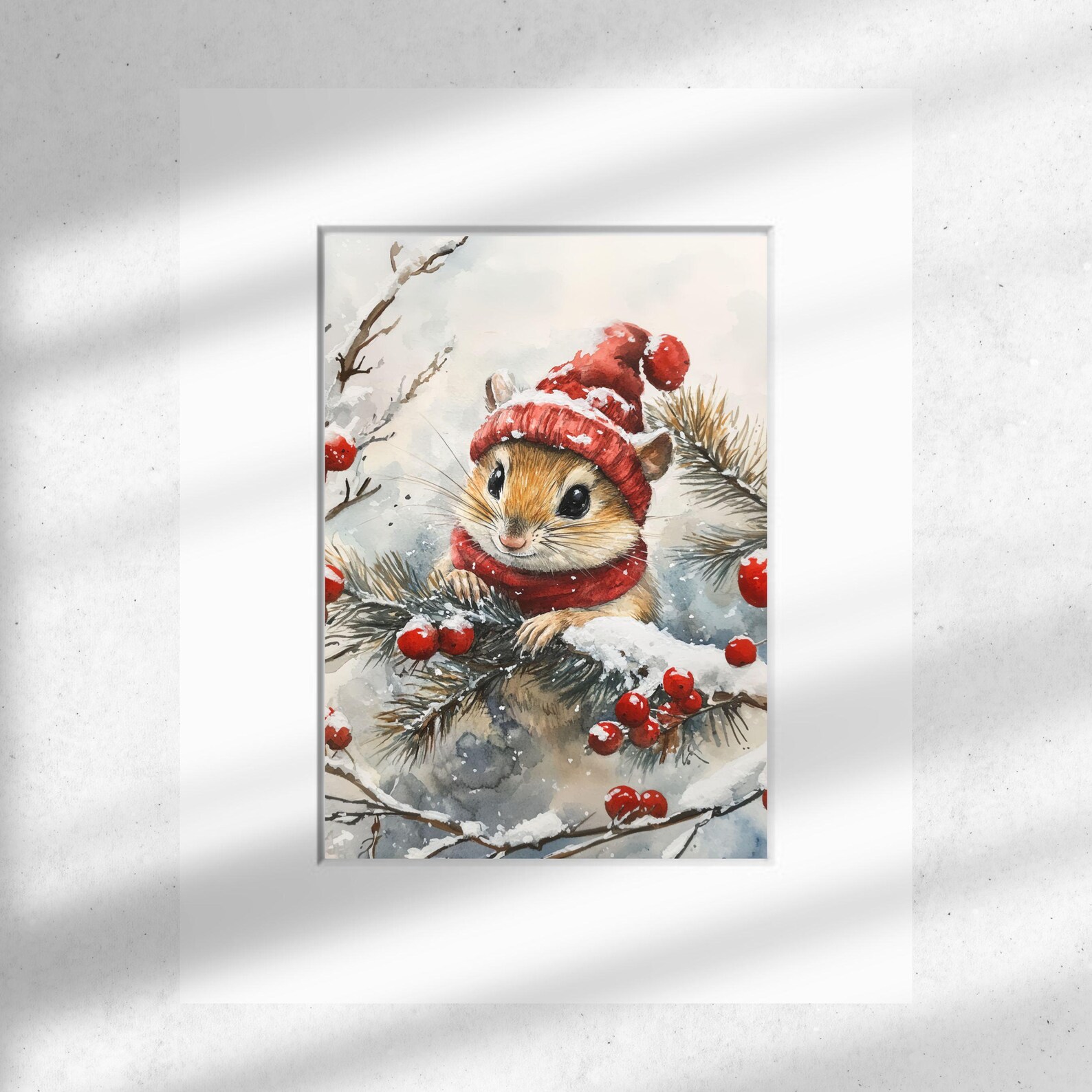 Christmas Dormouse Art Print, Watercolor Woodland Festive Decor, Cute ...