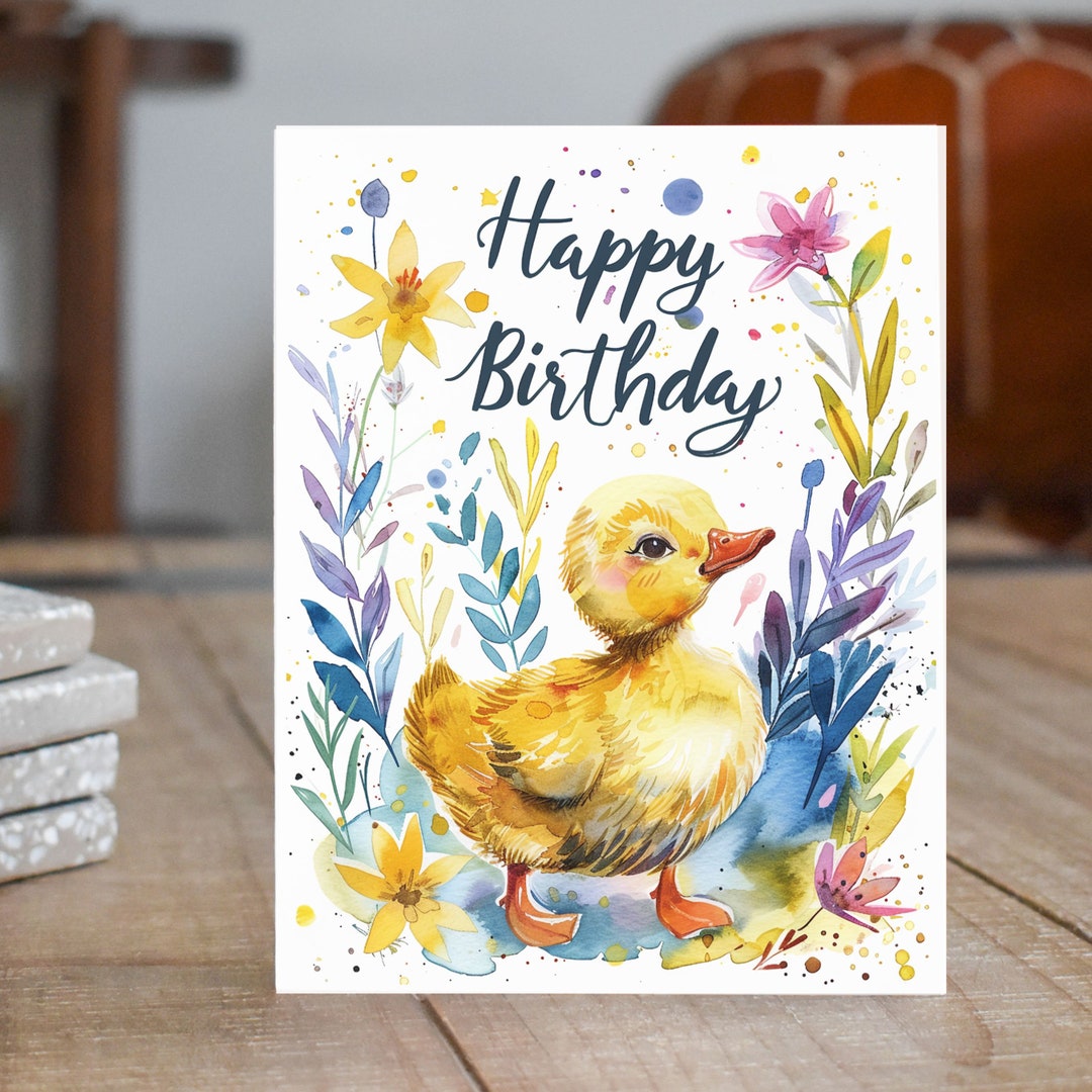 Happy Birthday Duck Card, Colorful Watercolor Duckling, Floral Birthday ...