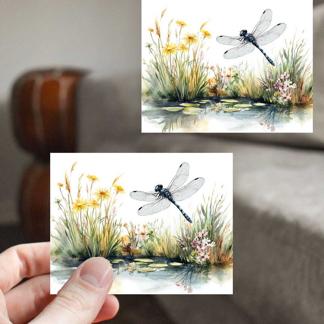 Dragonfly Over Pond, Watercolor Pond Insect Sticker, Wildflowers and ...