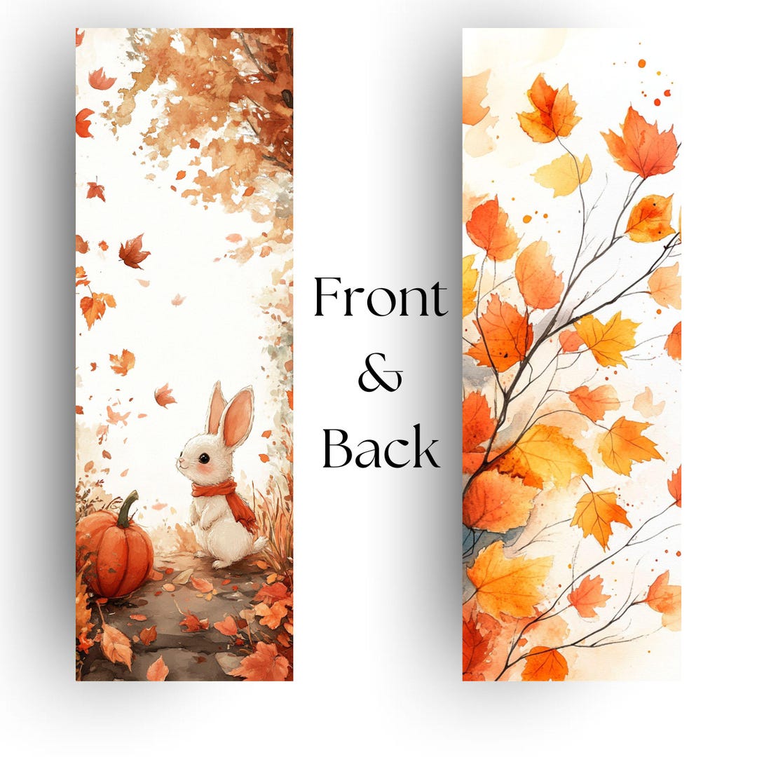 Fall Bunny and Pumpkin Bookmark, Cozy Scarf, Autumn Leaves, Whimsical ...
